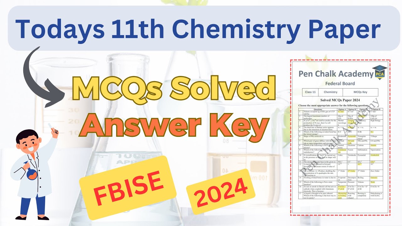 FBISE 11th Chemistry Paper MCQs Solution || 1st year Chemistry Paper ...