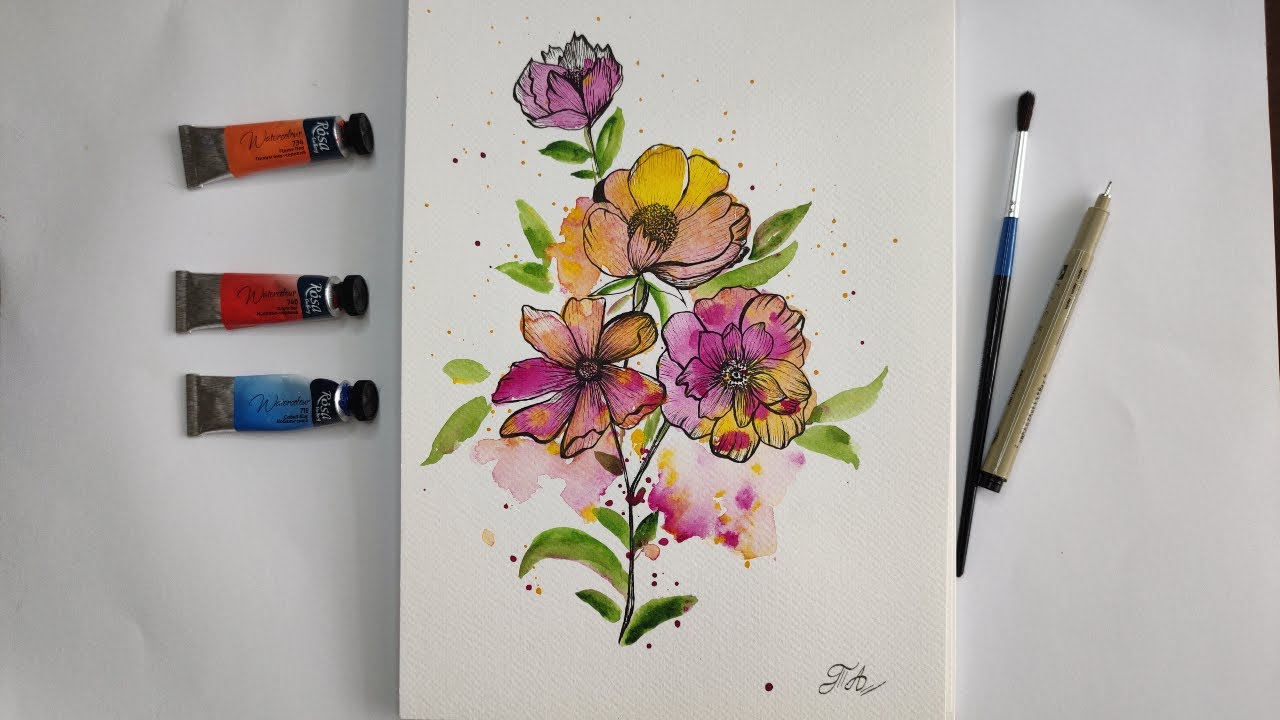 How painting Flowers in Line and Wash - YouTube
