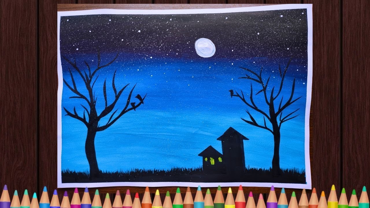 Easy landscape scenery drawing for beginner | Poster color drawing ...