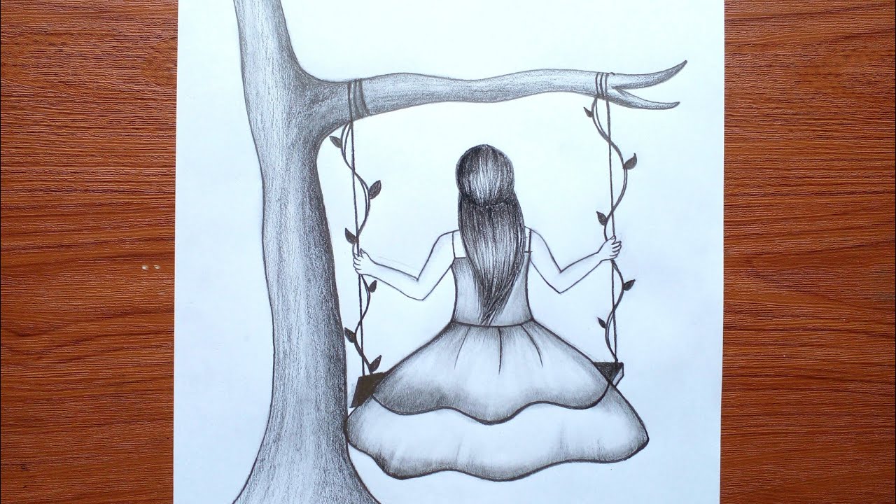 How To Draw A Girl Swinging In A Tree Girl On Swing Drawing Easy