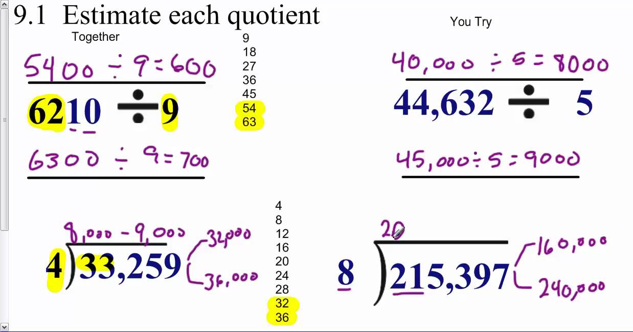 Estimate Quotients Single Digit Divisor YouTube