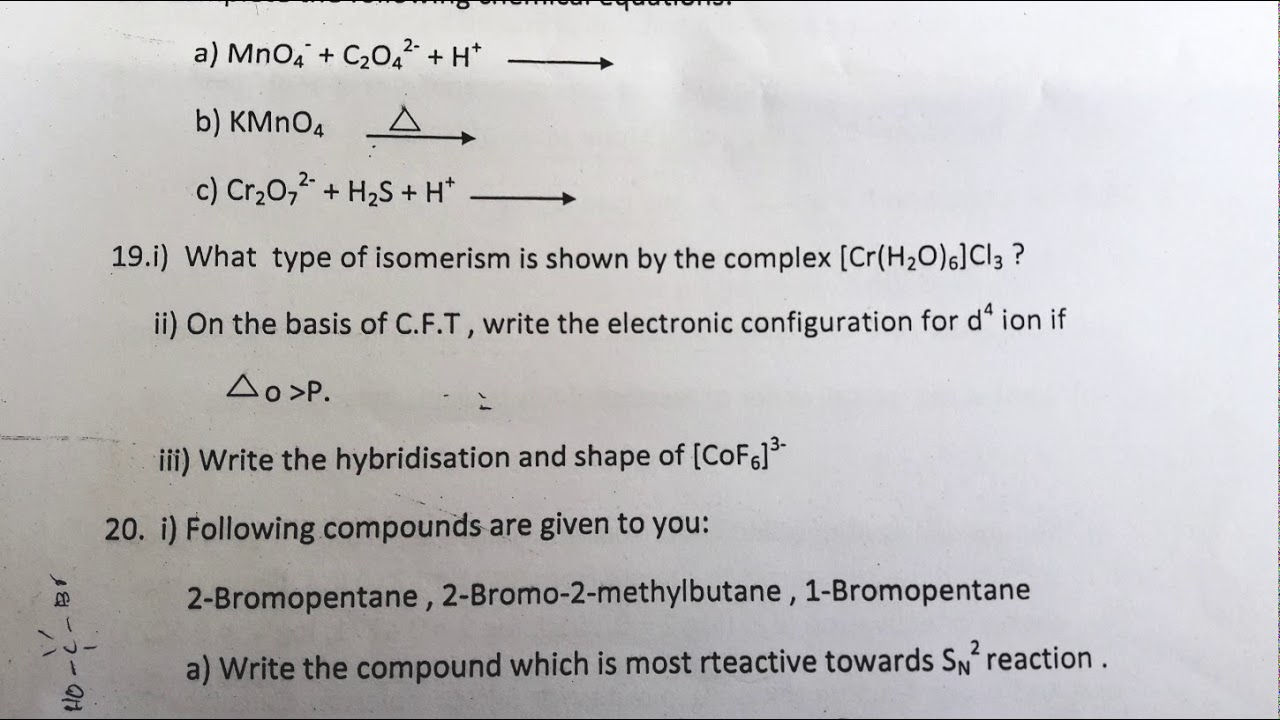 CHEMISTRY /CBSE /PLUS 2 (CLASS 12) MODEL EXAM 2019 / QUESTION PAPER ...