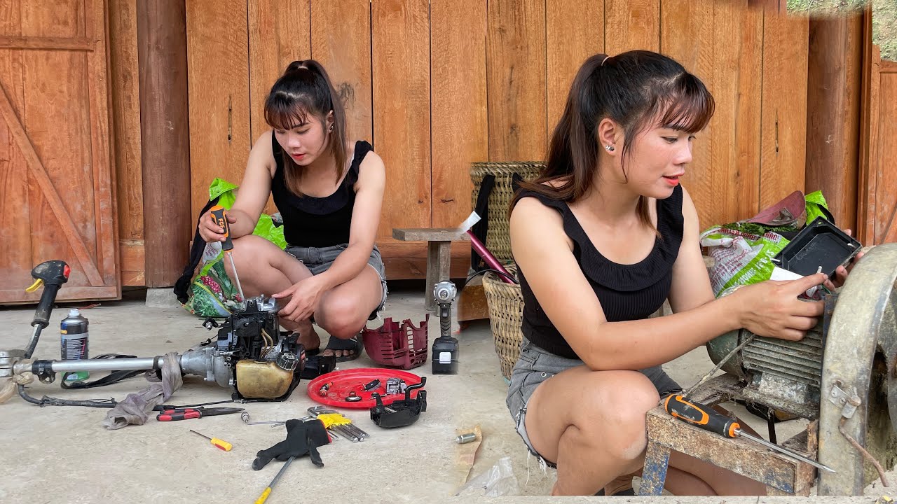 The genius repair girl fixed the lawn mower, the wind blower, and the ...