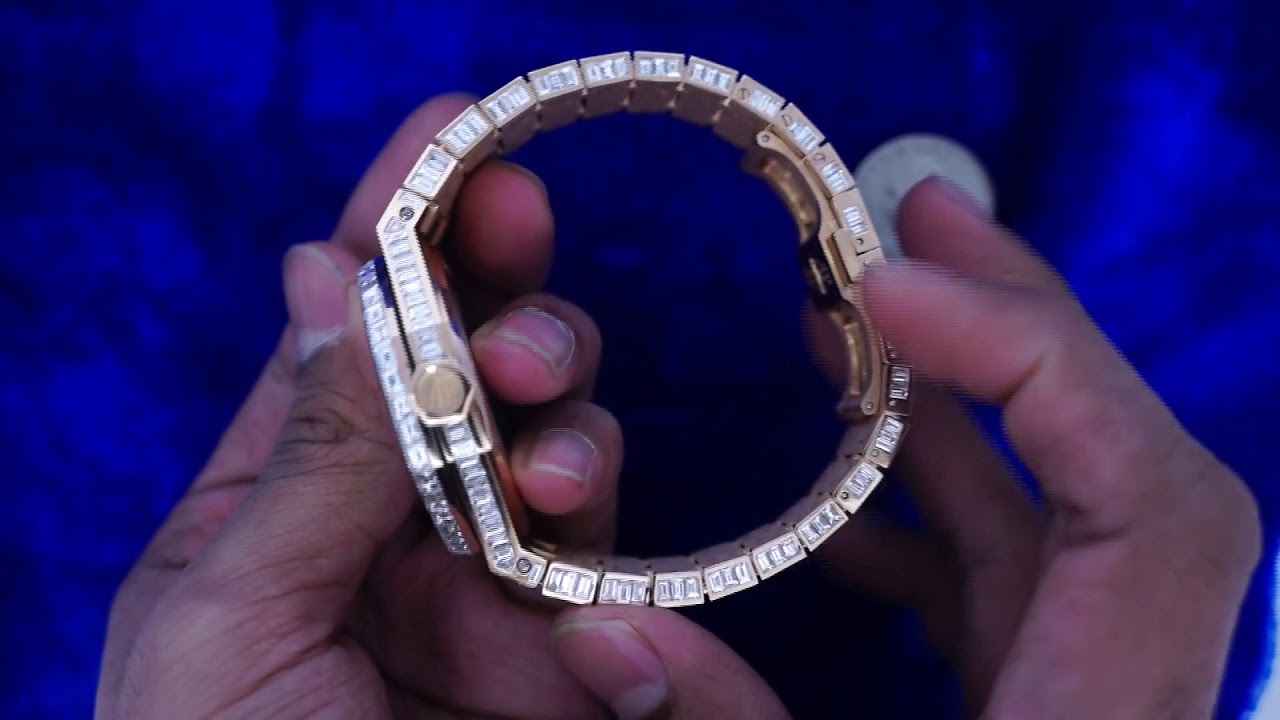 Audemars Piguet AP Rose Gold Brick Baguette Watch Completely Iced ...