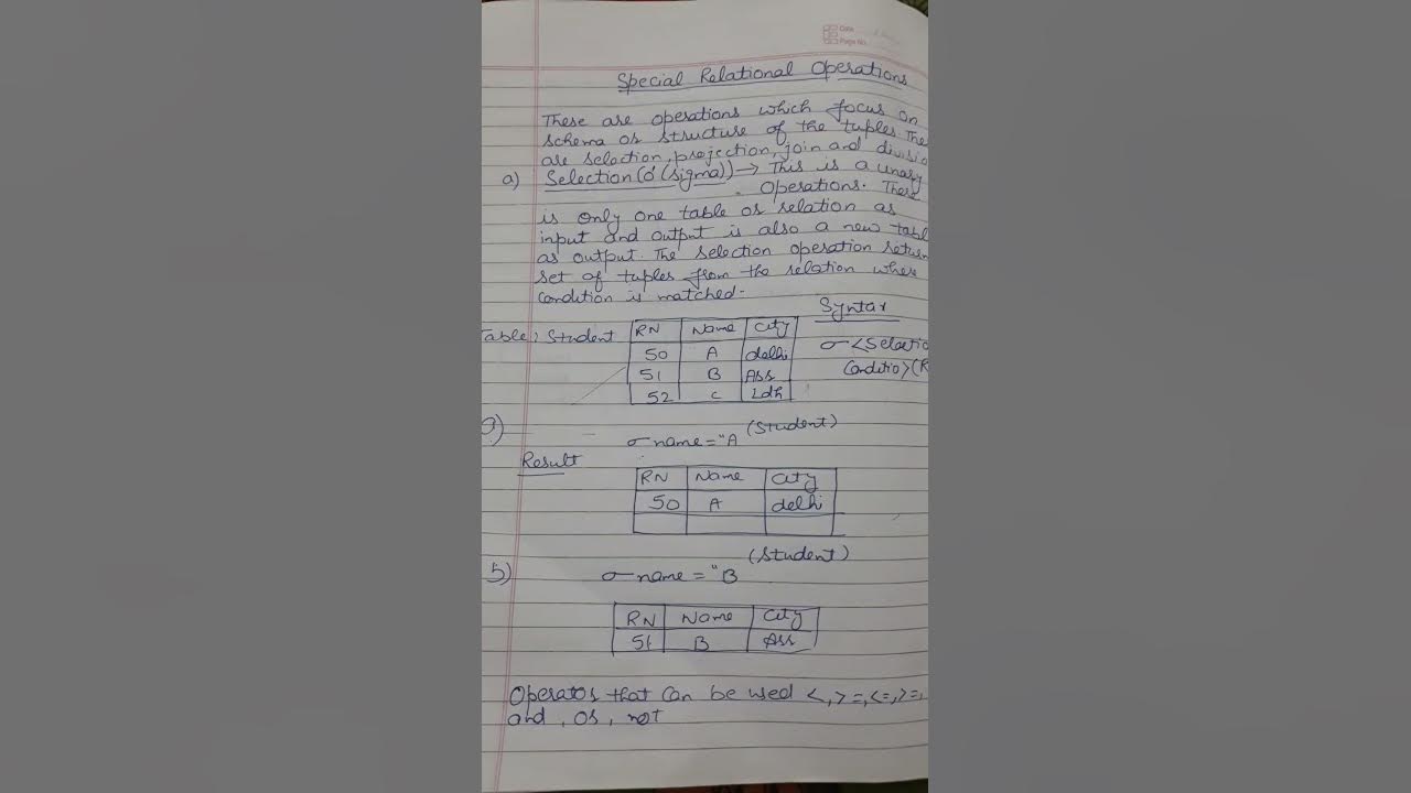 Selection and projection with examples in RDBMS:Special relational ...