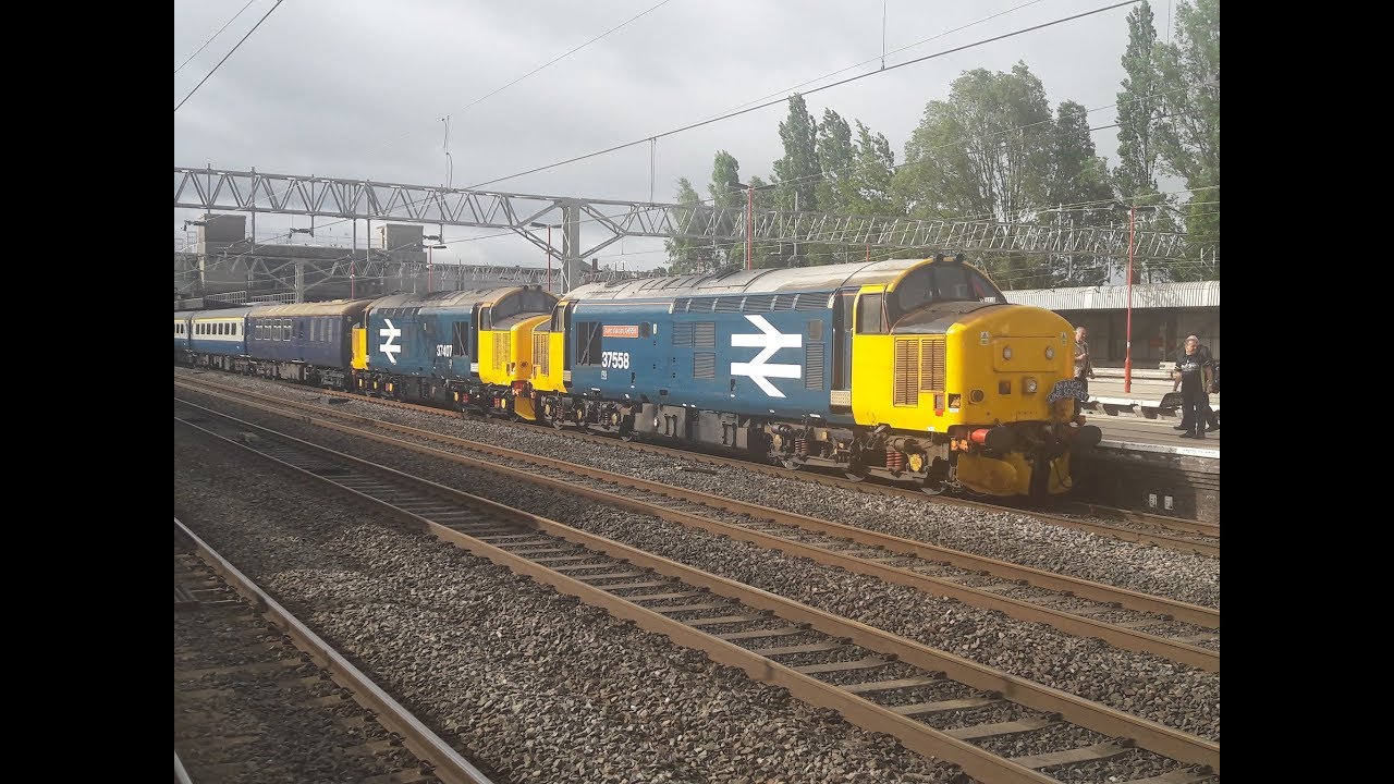Class 37558, 37407 & 37401 Explode out of Stafford! on "The Nosey ...
