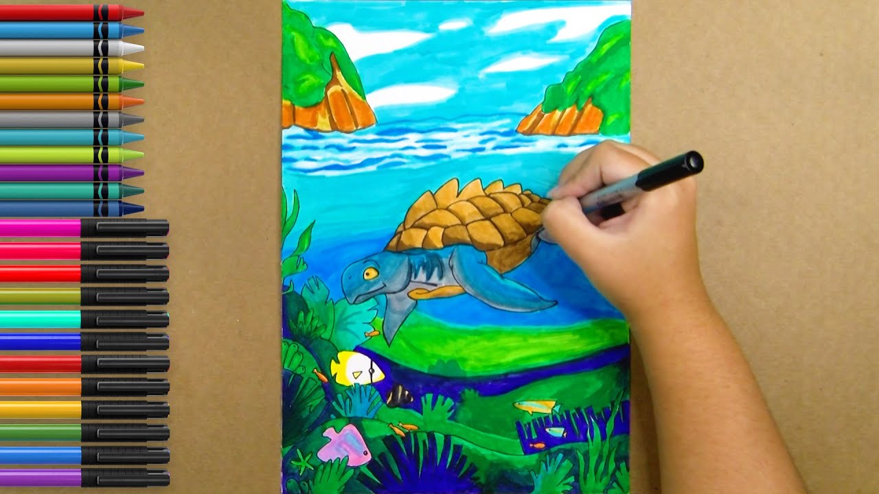 Drawing and Coloring Jurassic Turtle Dinosaur - Archelon - YouTube