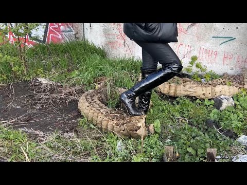 High heeled boots, walk on garbage, high heels on trash, crush objects ...