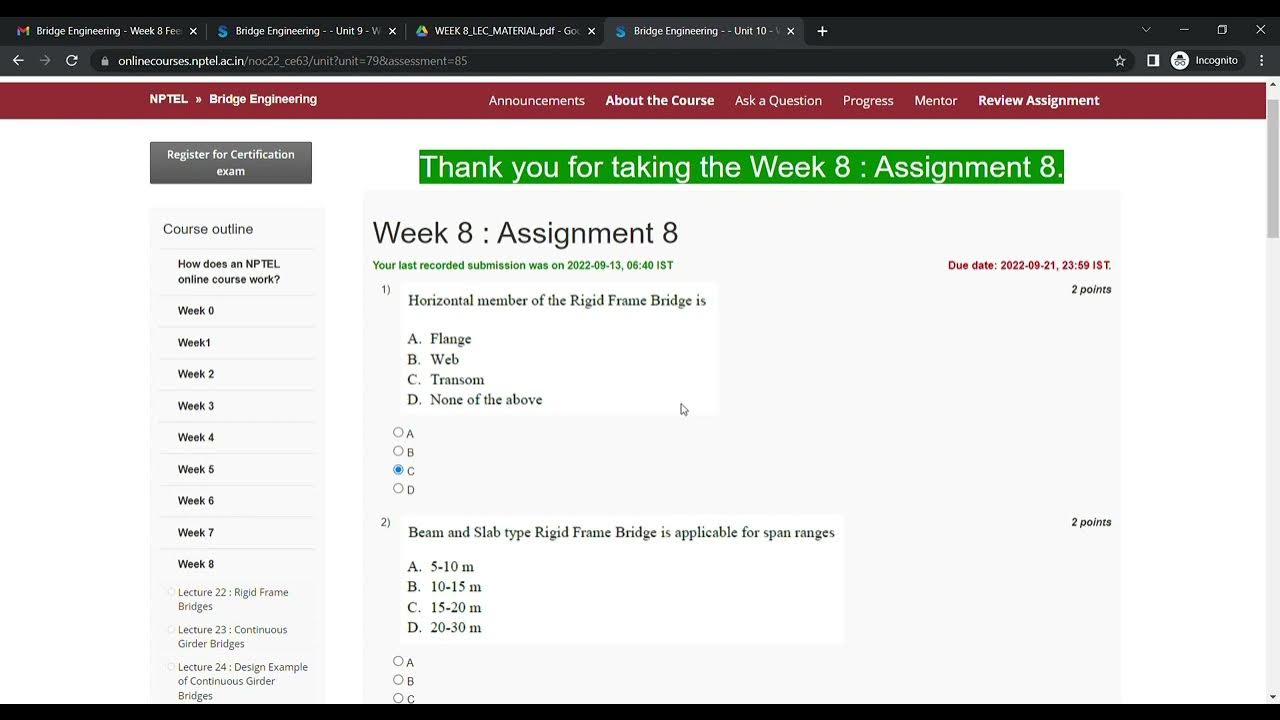 Bridge Engineering Week 8 assignment 8 Nptel oct 2022 - YouTube