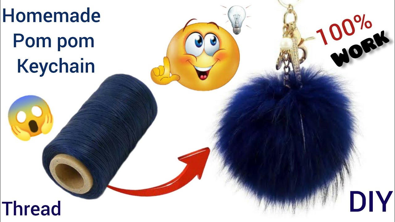 how to make pom pom keychain with sewing thread//homemade pom pom ...