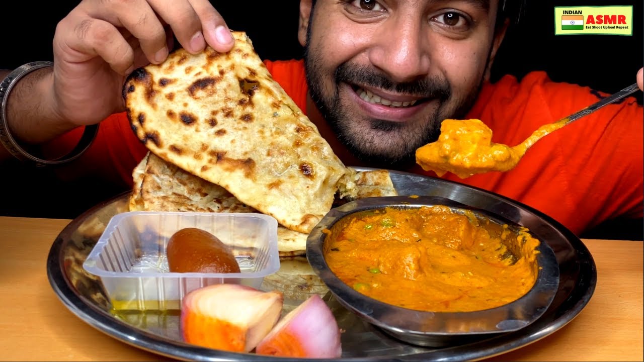 ASMR EATING MATAR PANEER WITH ALOO NAAN, SIRKA PYAZ & INDIAN SWEETS ...