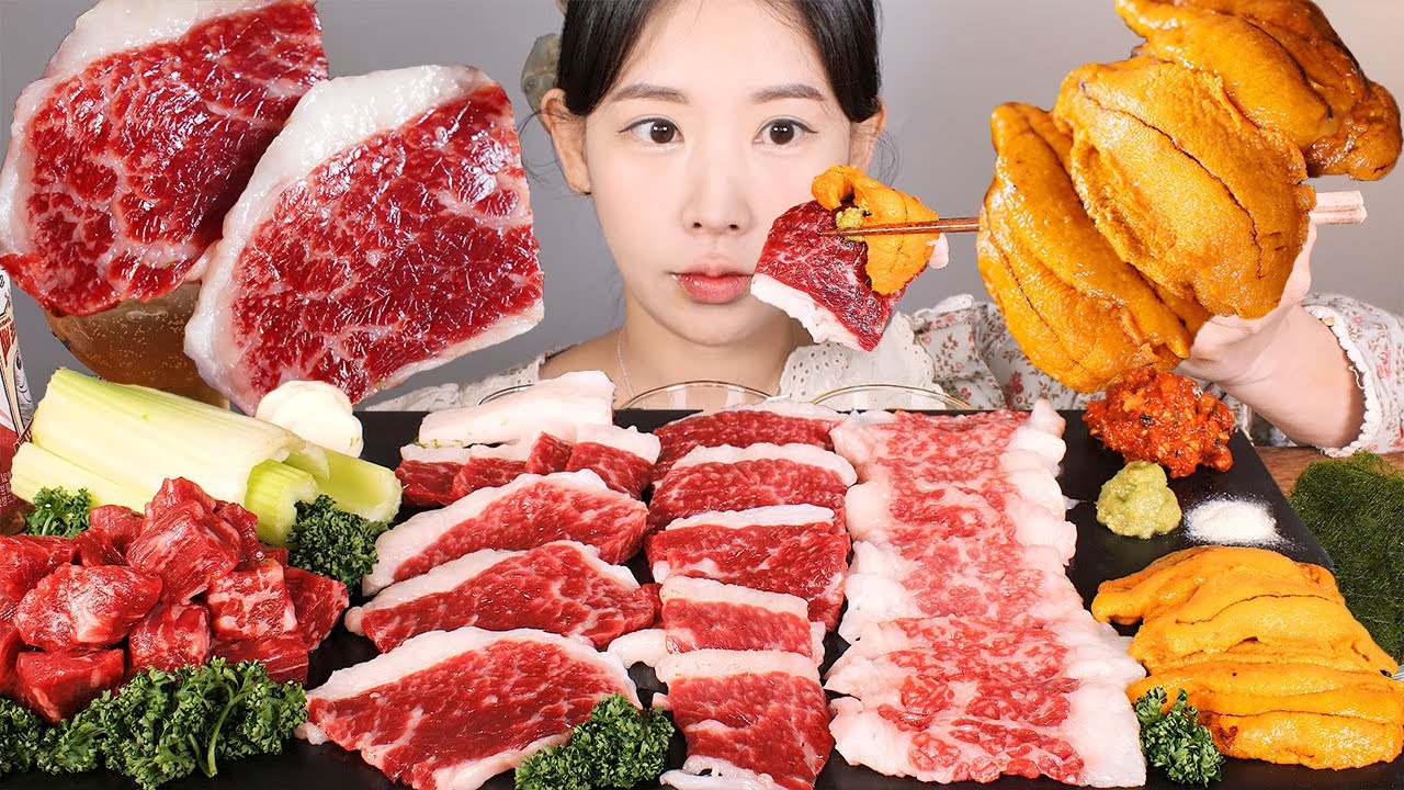 꼬들고소🥩 생차돌박이 깍뚝육회 성게알 먹방 Raw Beef Brisket [eating show] mukbang korean food - YouTube