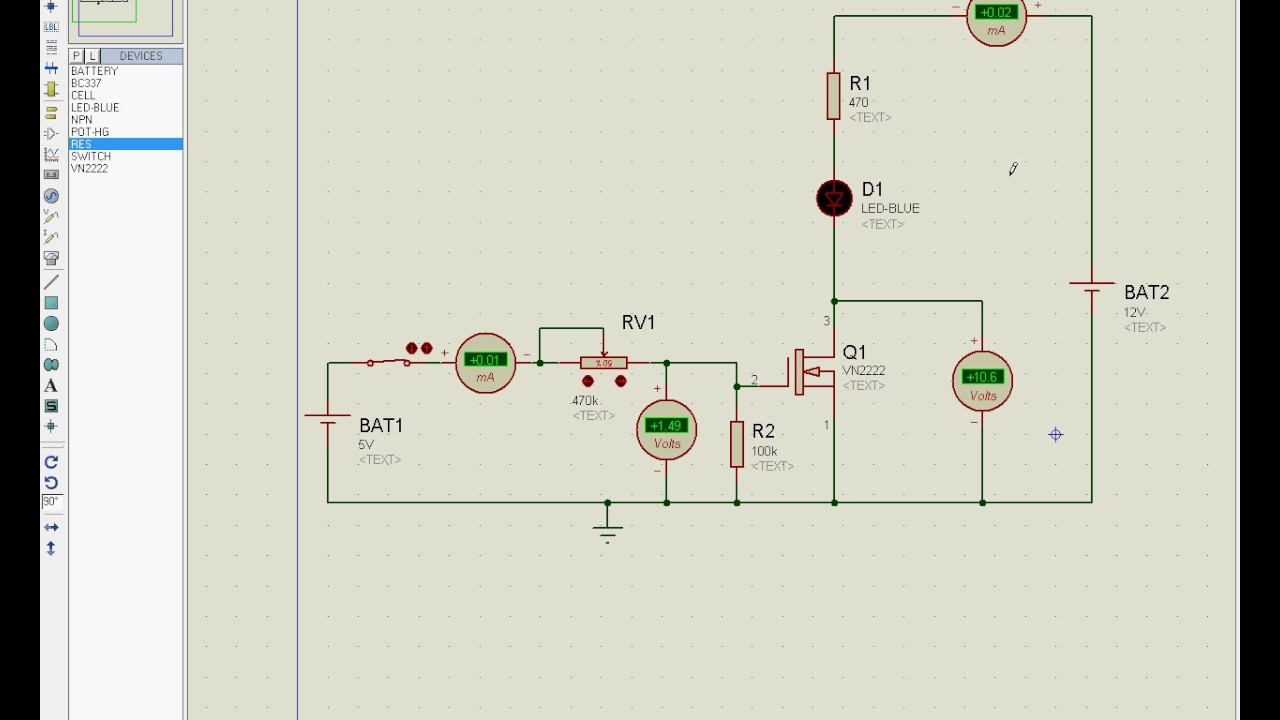 Fonctionnement du MOS FET CANAL N VN2222 - Simulation sous Protéus ...