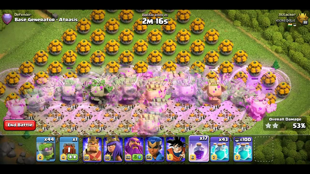 Clash of Clan "Base Full of Goblin Boss TH" Vs 100 Mountain Golem with ...