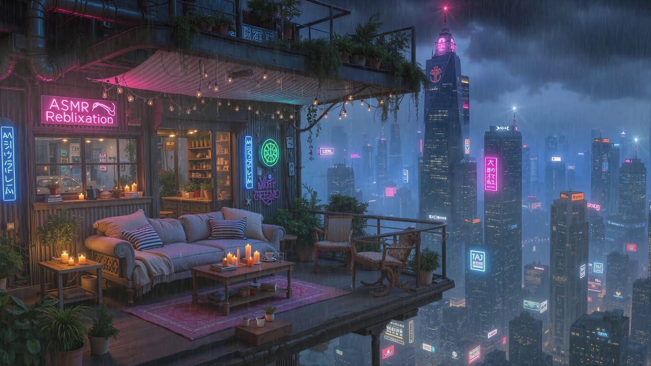 Cyberpunk Rain Sounds with Ambient Music on Balcony | Sleep, Relax & Escape with Rain Ambience 🎶 ...