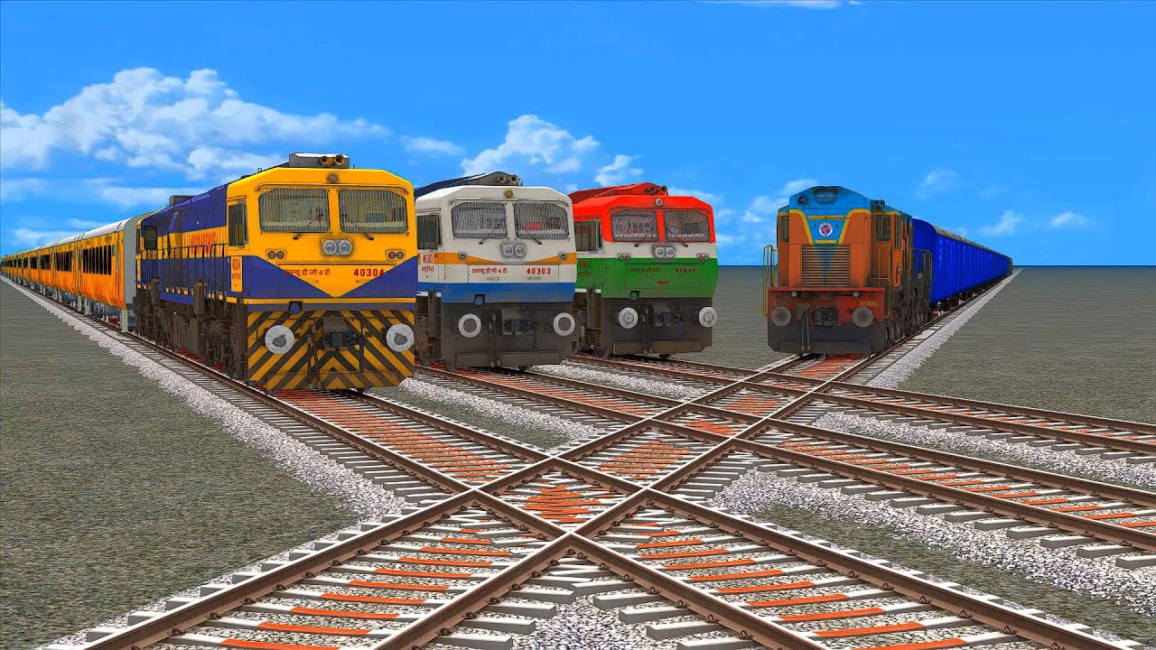 4 Fast Diesel Trains On Crisscrossed X Railroad Track | Persimpangan ...