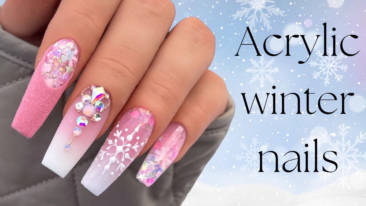 Acrylic nails tutorial snowflake winter nail set in pink / beginner ...