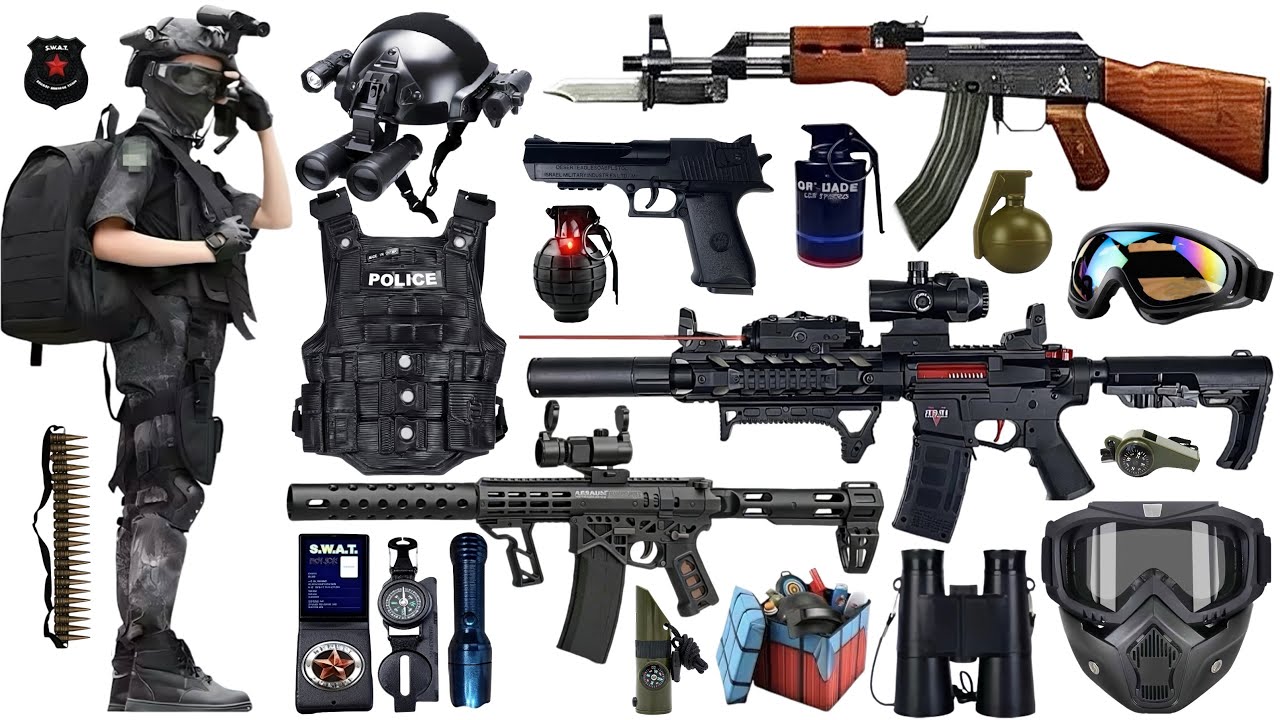 Unboxing special forces toys, TEC9, MK1, AK47, 1911, military shovels ...