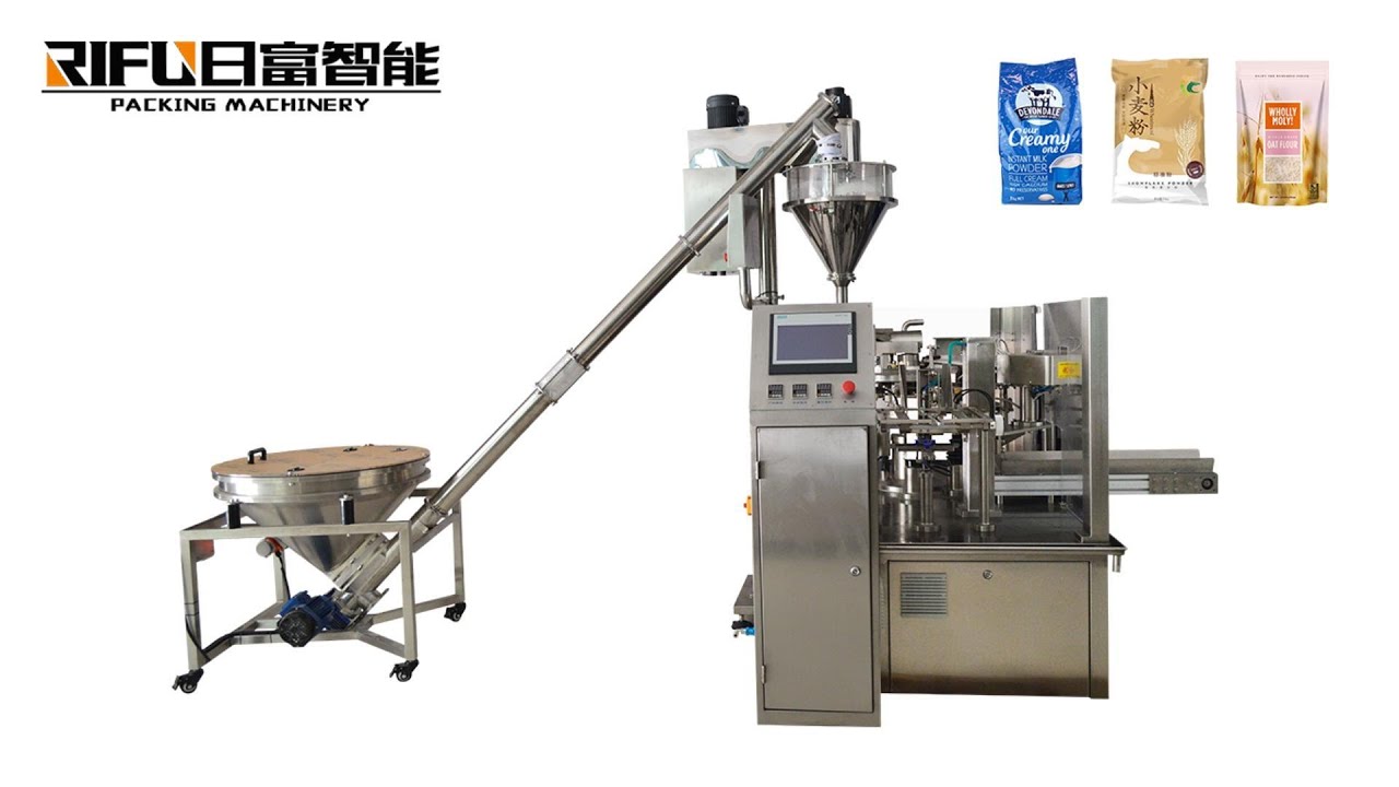 Rotary pre-made bag powder packing machine - YouTube