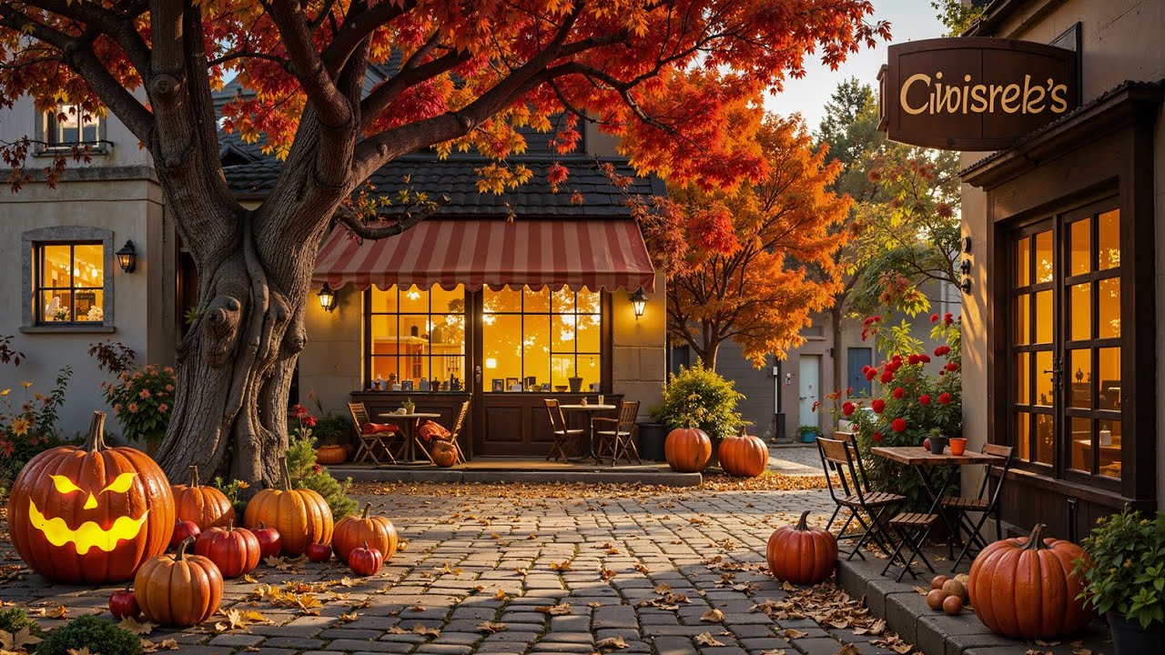 Sweet October Fall Morning & Cozy Coffee Shop Ambience | Relaxing Jazz ...