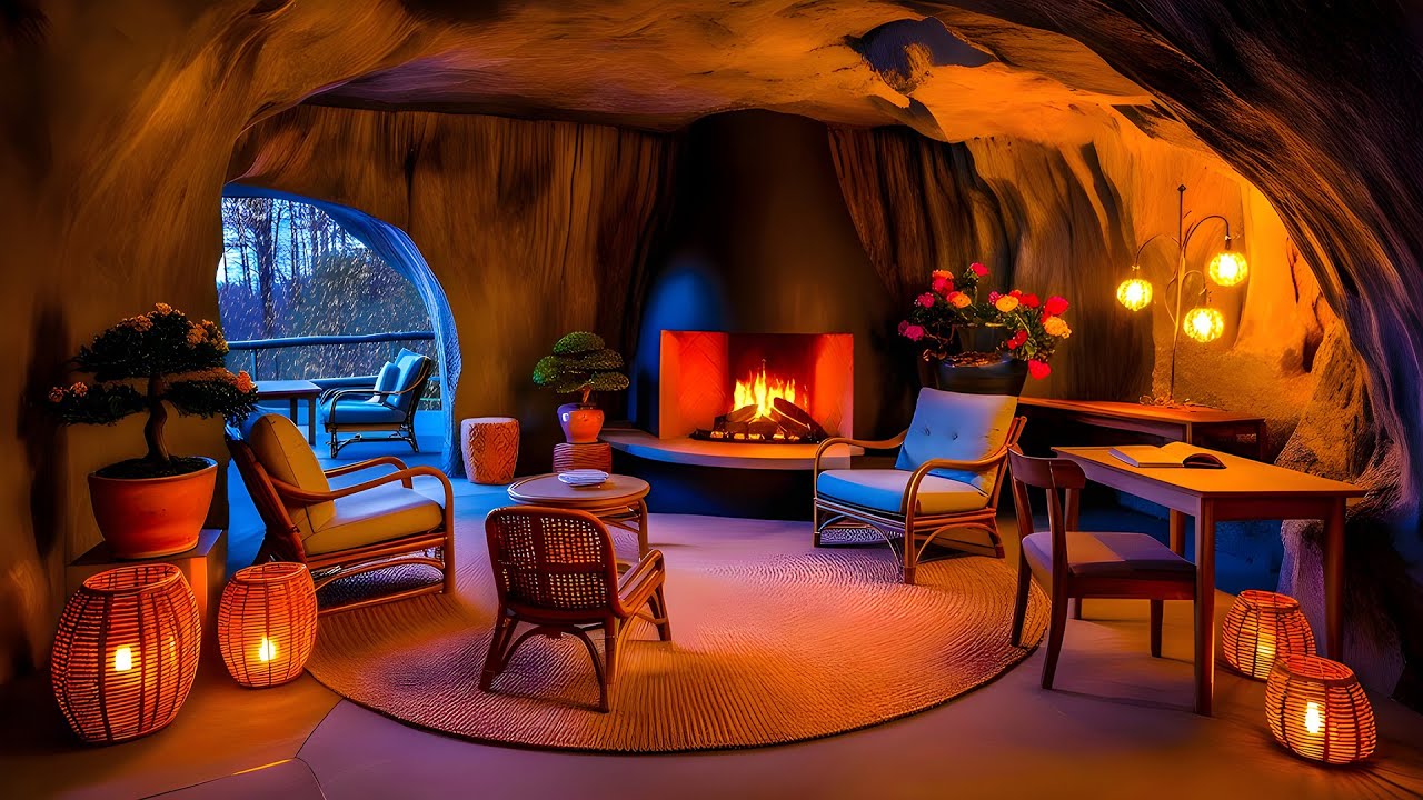 Small Cave in a Cold Winter Night with Soothing Fireplace Sounds ...