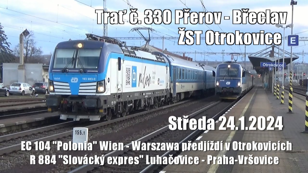 24.01.24 EC 104 Polonia předjíždí v Otrokovicích R 884 Slovácký expres, zpožděný EC 131 Báthory ...