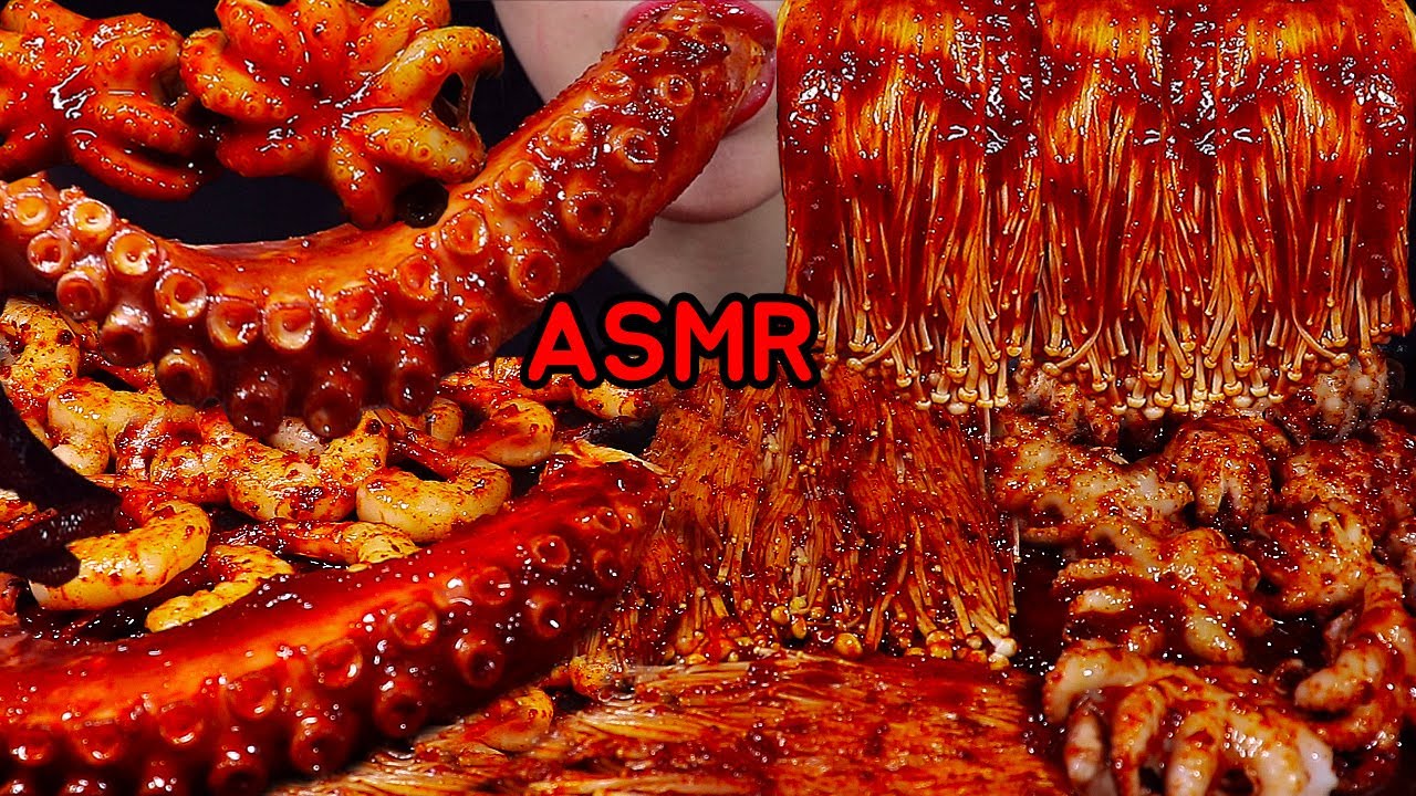 ASMR ऑक्टोपस, मशरूम JAMUR ENOKI BIG(GIANT) REAL SPICY OCTOPUS (*RECIPE ...