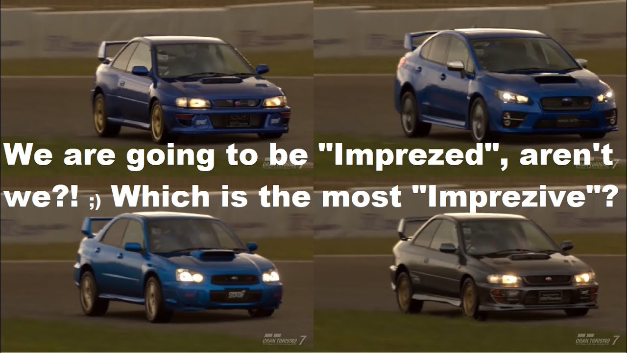 GT7 Tsukuba battle: Subaru Impreza 22B '98 vs. WRX STI '04 vs. WRX STI Type S '14 vs. WRX Type R ...