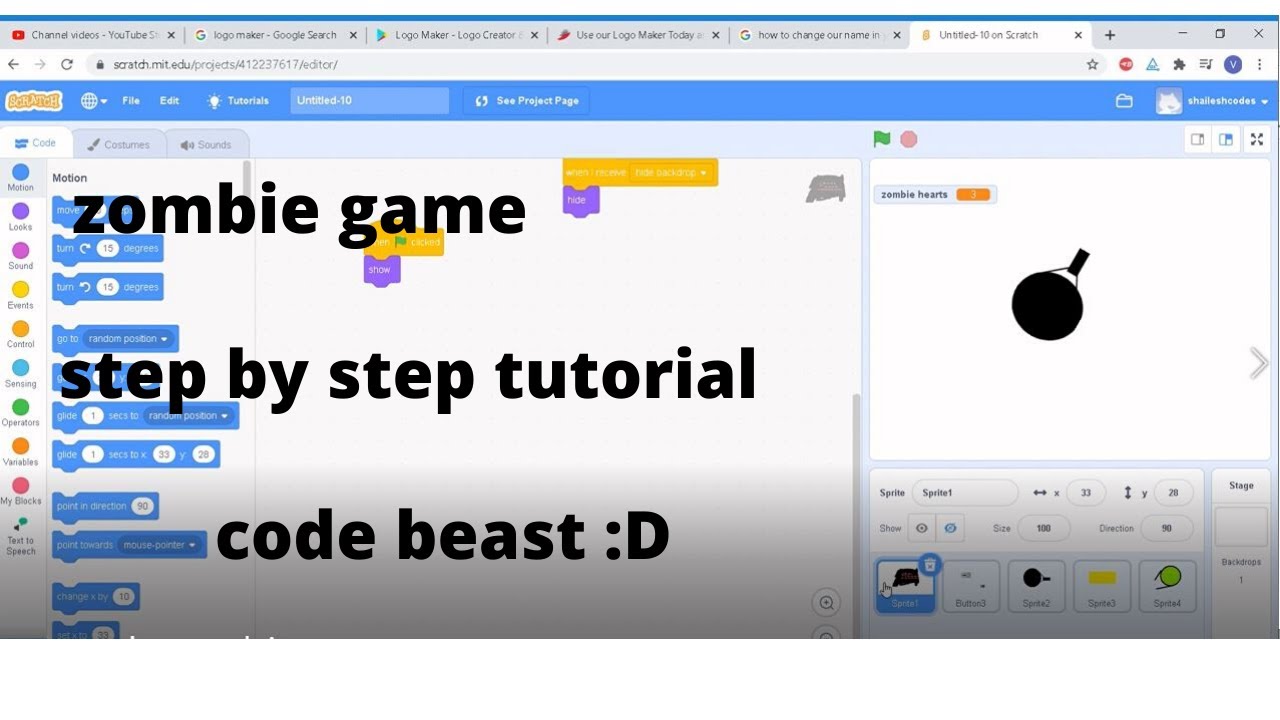 scratch step by step tutorial | zombie game | code beast - YouTube