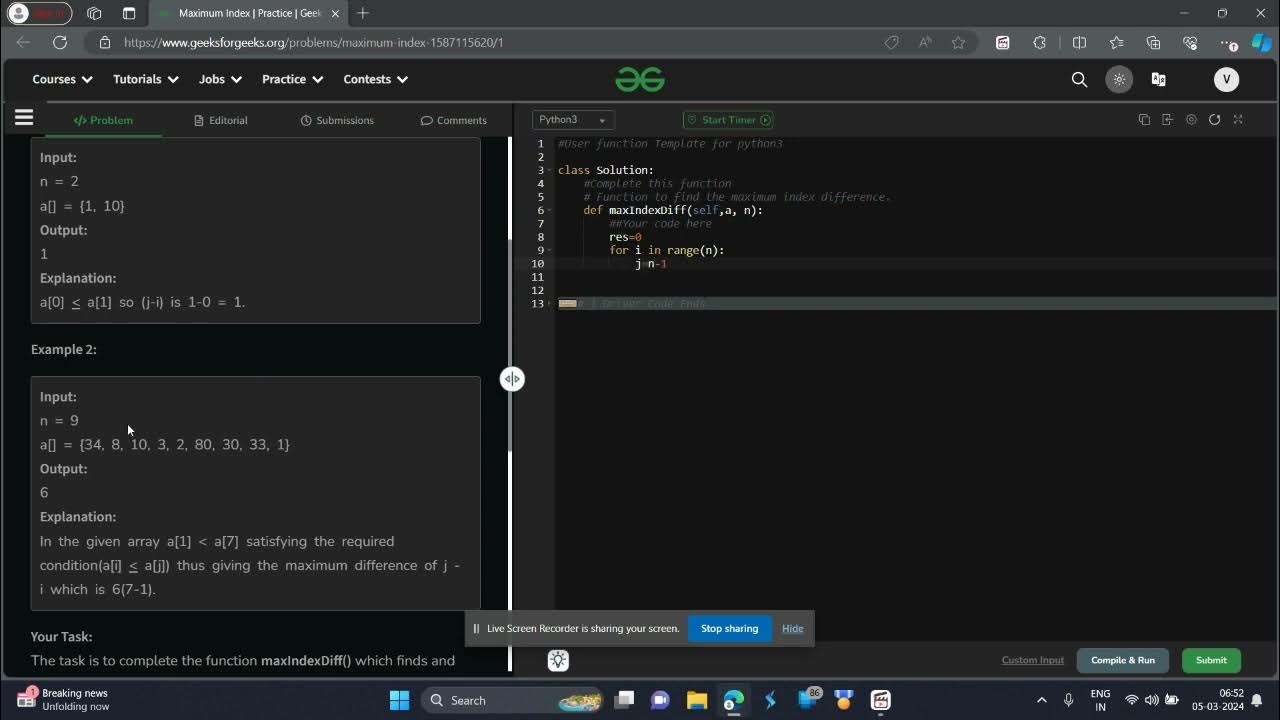 Maximum Index GFG POTD Python Solution geeks for geeks problem of the day python solution - YouTube