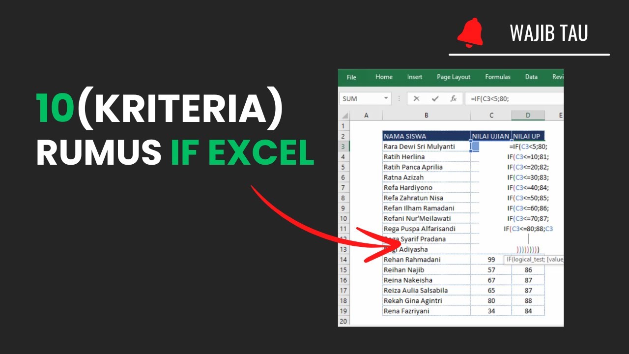 RUMUS IF EXCEL 10 KRITERIA SAMPLE KATROL NILAI UJIAN SISWA - YouTube