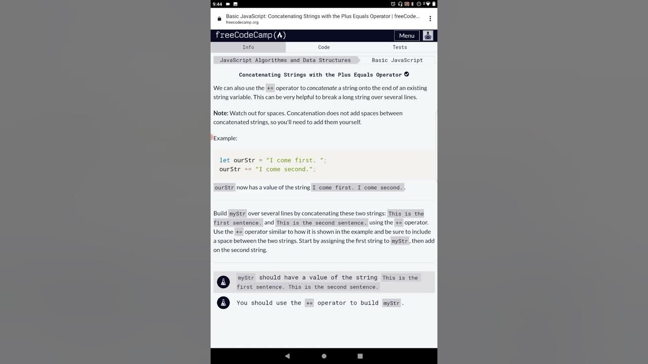 freeCodeCamp - ☑️Concatenating Strings with += Operator ☑️Constructing ...