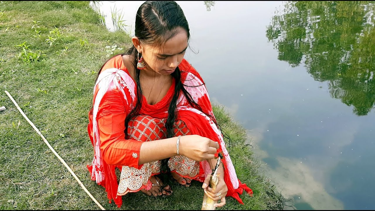 Hook Fishing - Traditional Hook Fishing - Beautiful Girl Fishing With ...