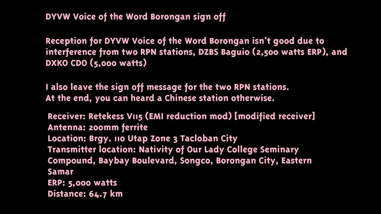 1368 kHz DYVW Voice of the Word Borongan Sign off - YouTube