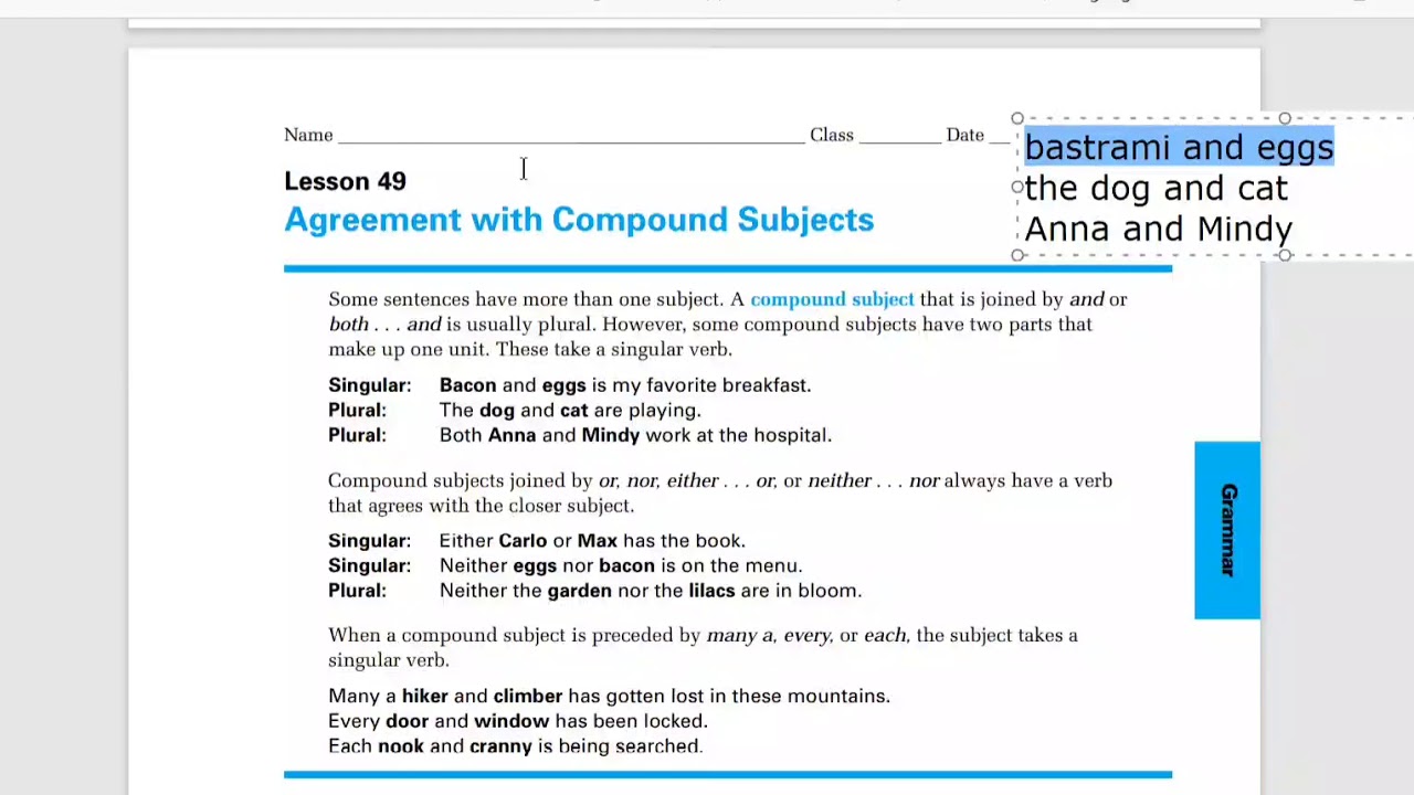 Lesson 49: Agreement with compound Subjects. Lesson 50: Intervening ...