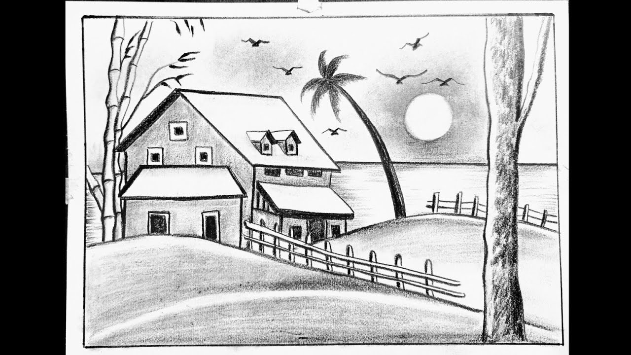 How to draw a very easy full moon scenery drawing with pencil - YouTube