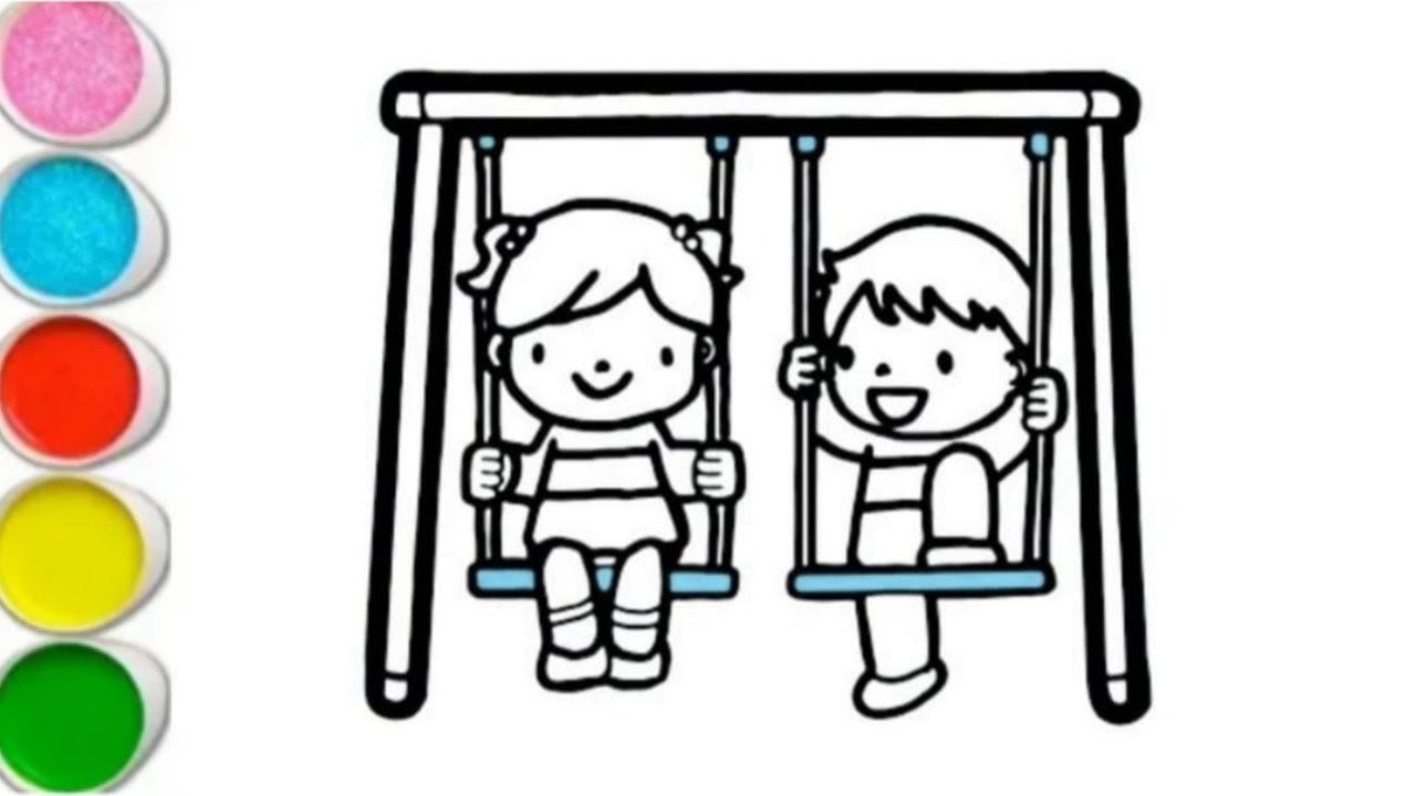 Kids playing on swing drawing, coloring & painting for kids and ...