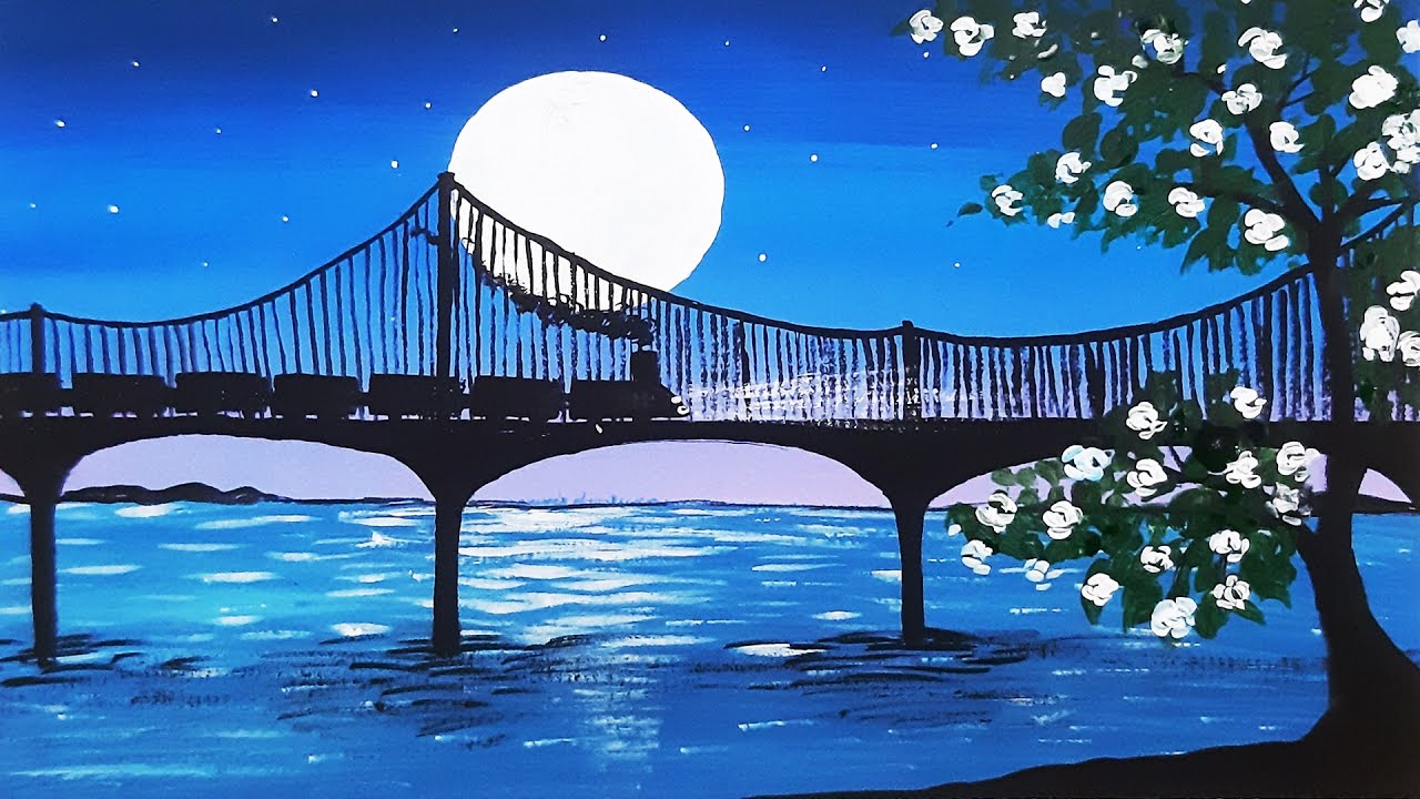 Train Running on the Bridge | Paint Moonlight Night Scenery | Easy ...