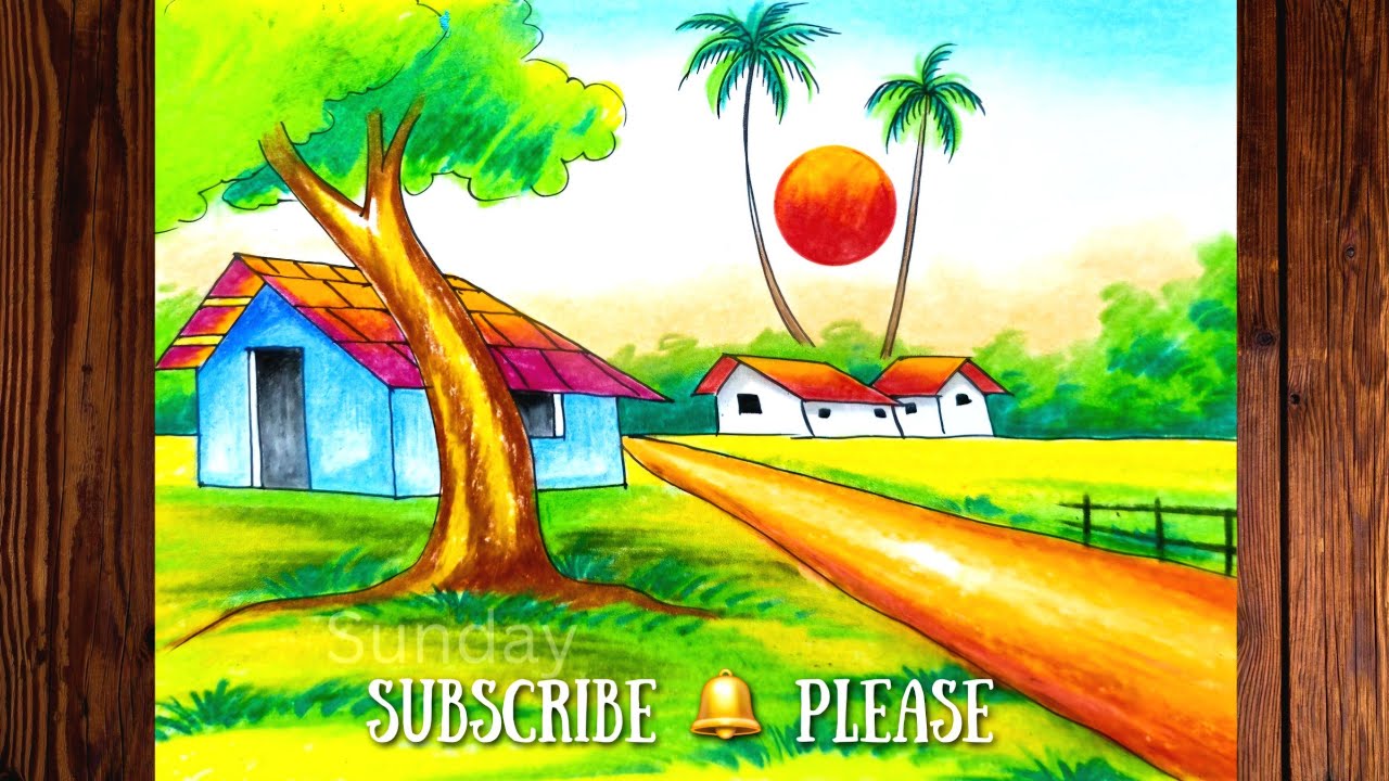 Sunset Village scene drawing/সূর্যাস্তের গ্রামের দৃশ্য আঁকা ও রং করা ...