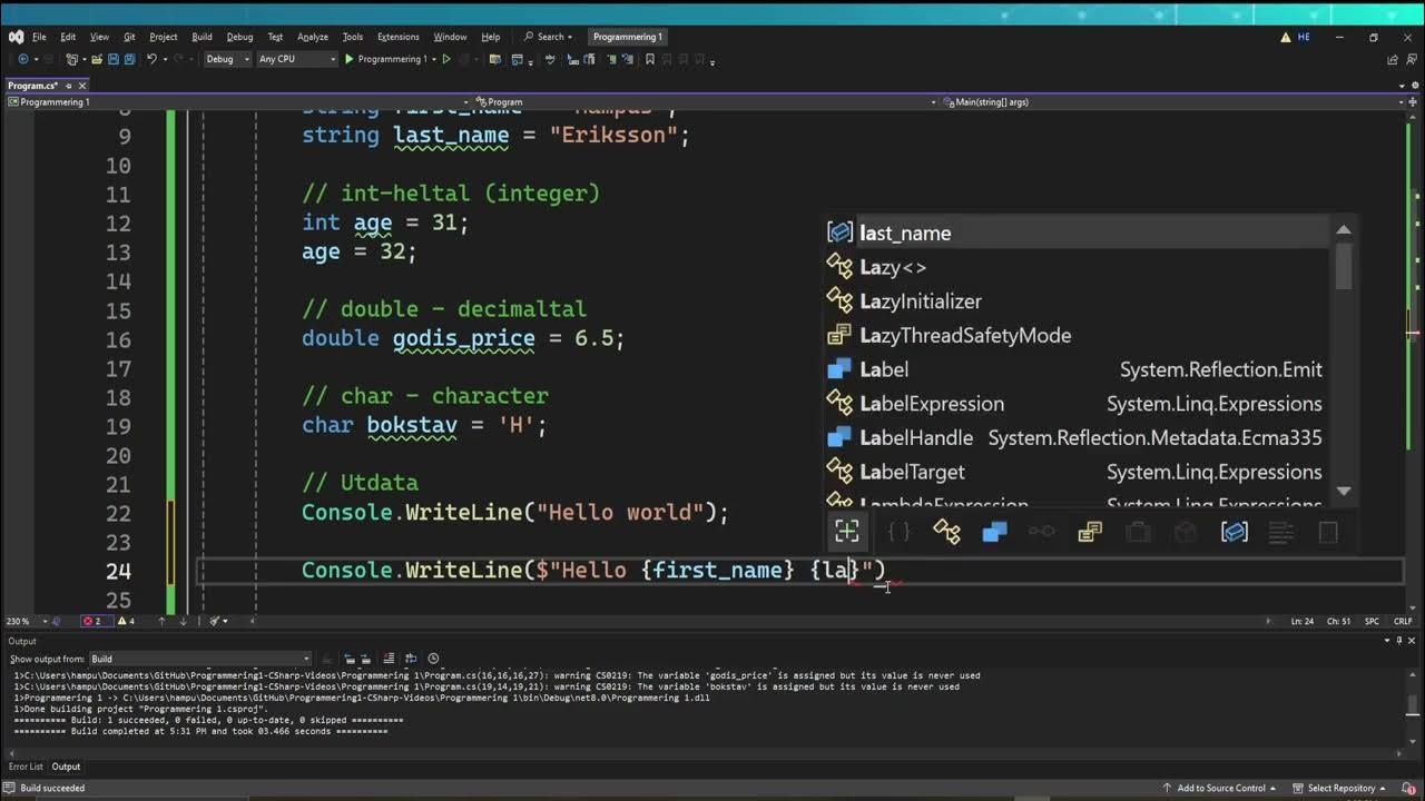 Programmering 1 - C# - Video 1 - Variabler, datatyper, indata, utdata - YouTube