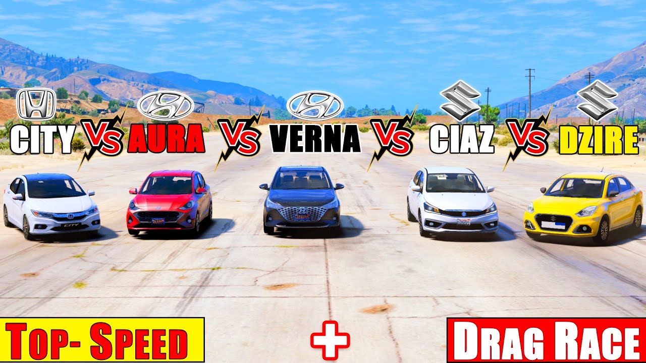 GTA 5 : SEDAN BATTLE Honda City Vs Verna Vs Dzire Vs Ciaz Vs Aura ...