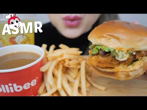 ASMR *JOLLIBEE Avocado Spicy Chicken Sandwich with Gravy and Fries NO Talking Eating Sounds | N.E