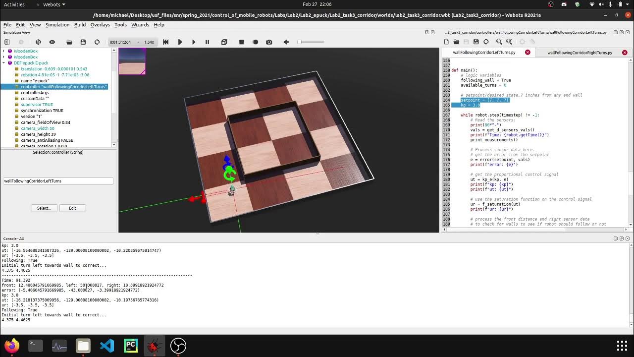 Lab 2 Task 3 Corridor: Webots Wall Following Epuck - YouTube