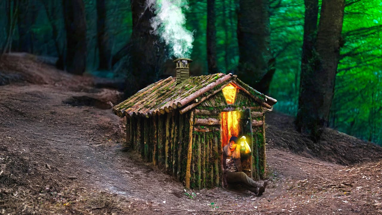 Building a Warm and Cozy Forest Hut for Survival, Log Cabin, Bushcraft ...