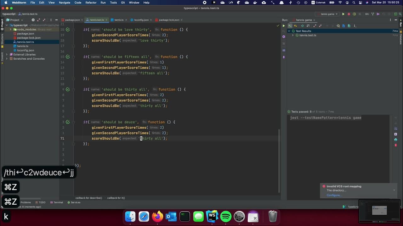 Tennis Kata Tdd With Typescript And Webstorm And Vim And Colemak 1 Super Fast Develop Youtube