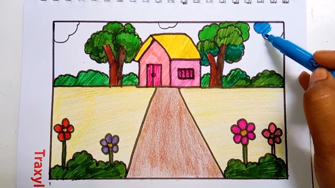 easy house drawing for beginners || step by step scenery drawing ...