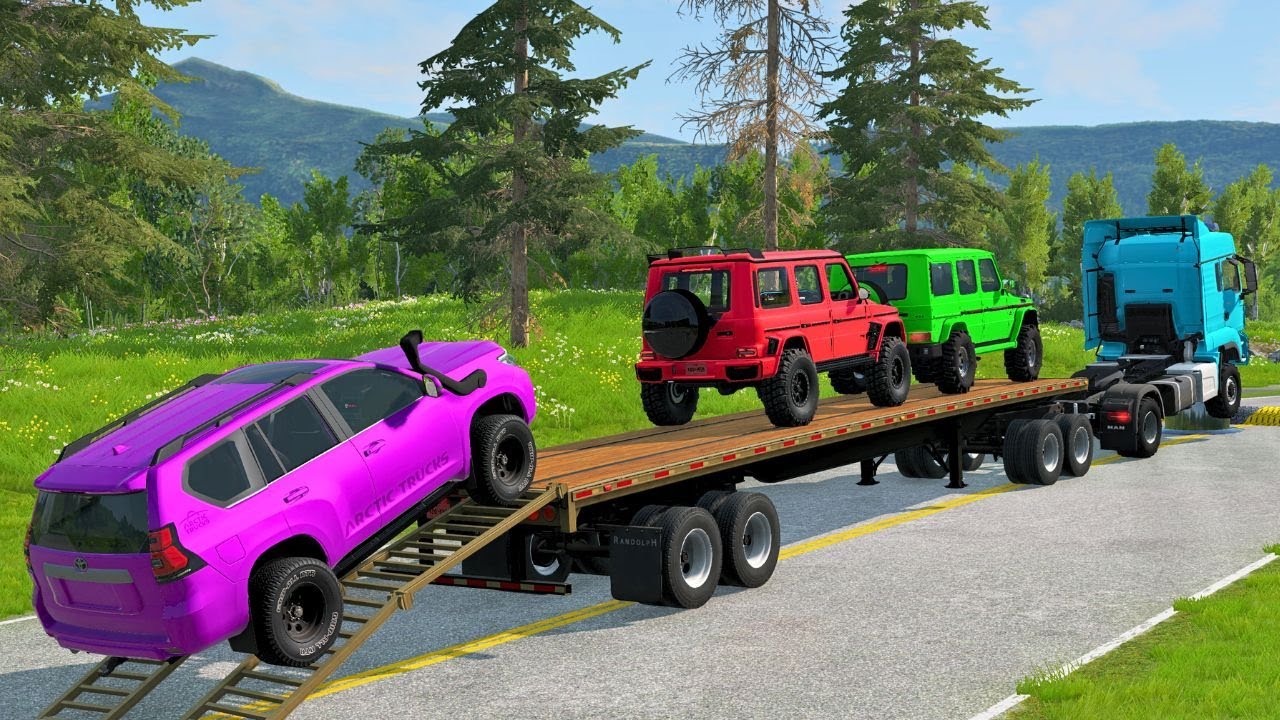 Double Flatbed Trailer Truck vs Speedbumps Train vs Cars | Tractor vs ...