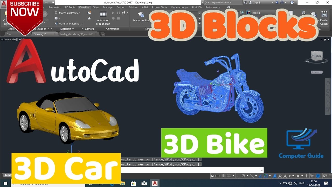 AutoCad 3D Blocks || Car, Bike, Plants, Trees || How to Insert 3D Block ...