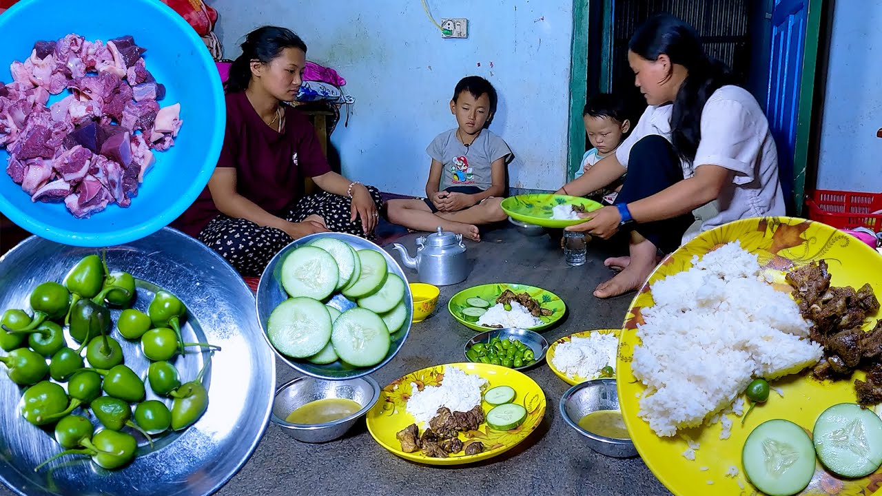 Preparing and sharing traditional way of buff cooking curry & rice with ...