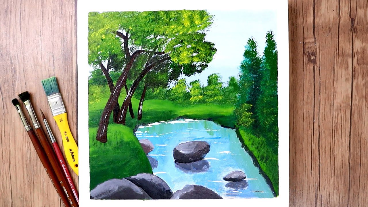 Simple Nature Acrylic Painting Tutorial | Easy Scenery Step by Step ...